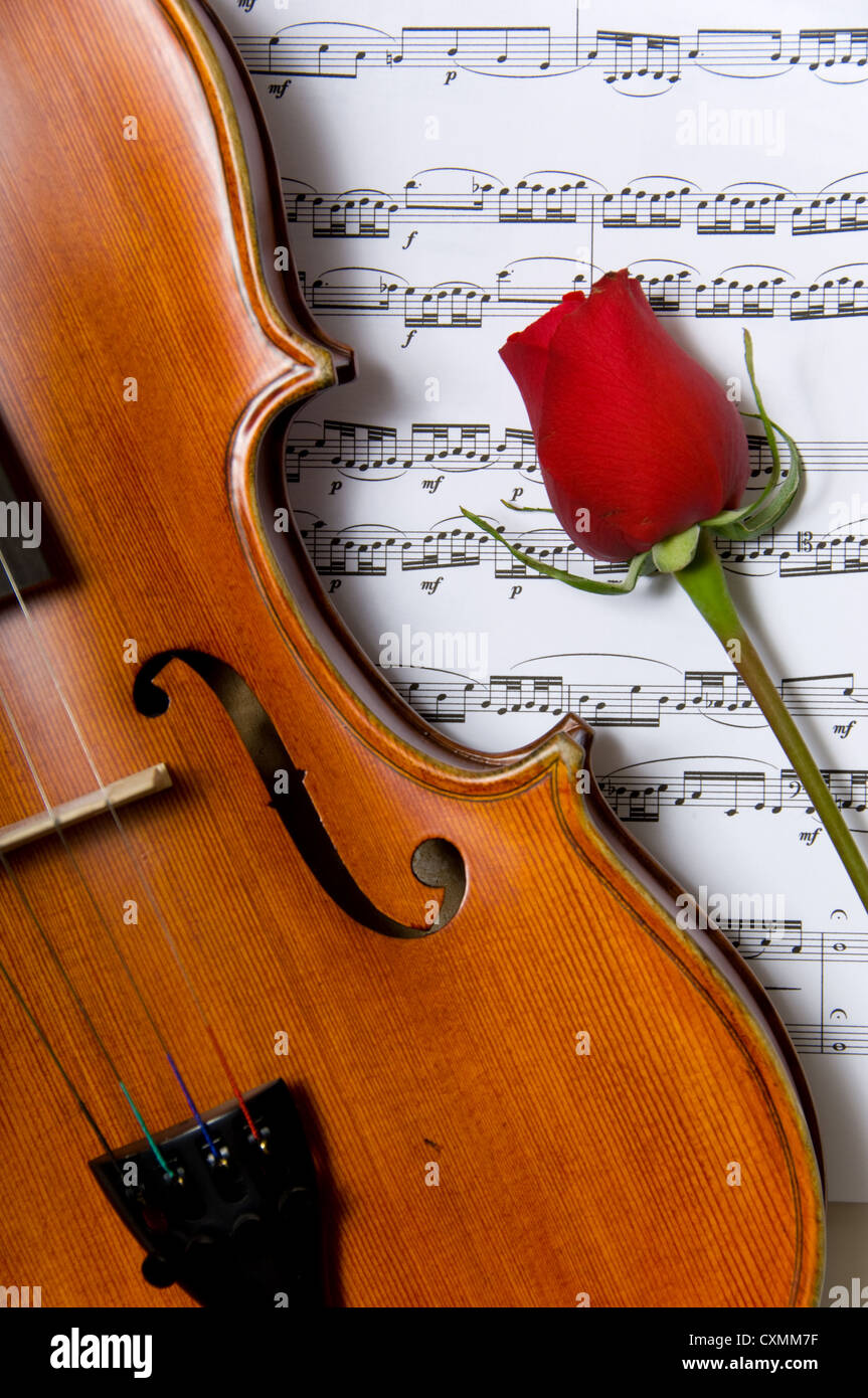A violin, red rose and sheet music Stock Photo - Alamy