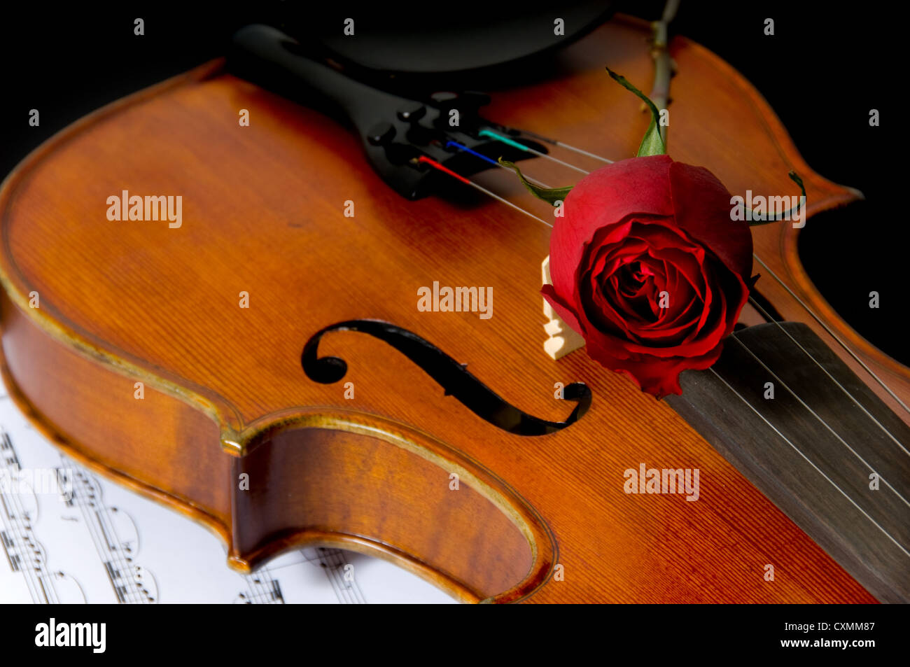 A violin or fiddle, red rose and sheet music Stock Photo - Alamy