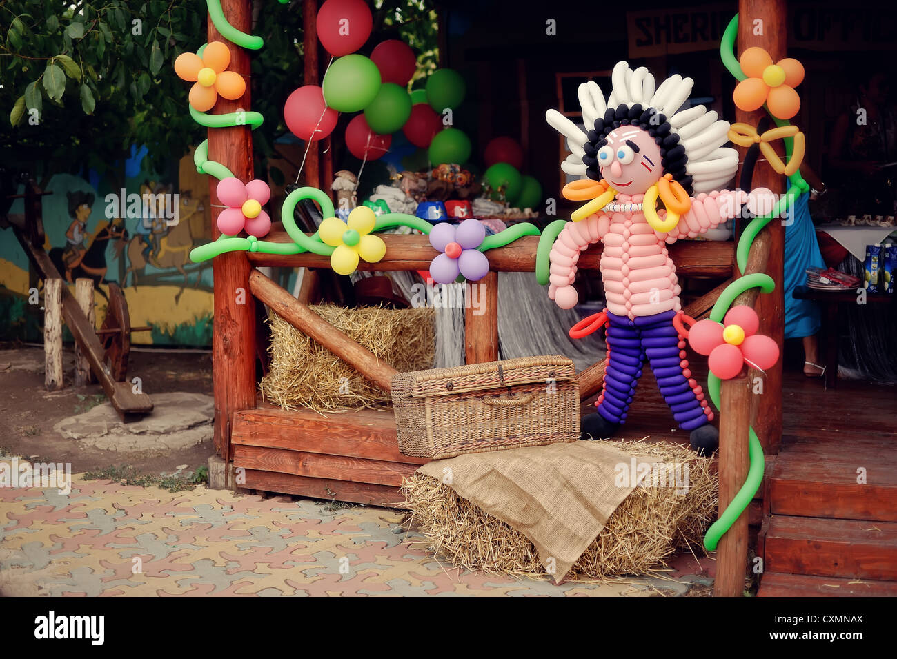 it is festively decorated with figures from color balloons of the ranch ...