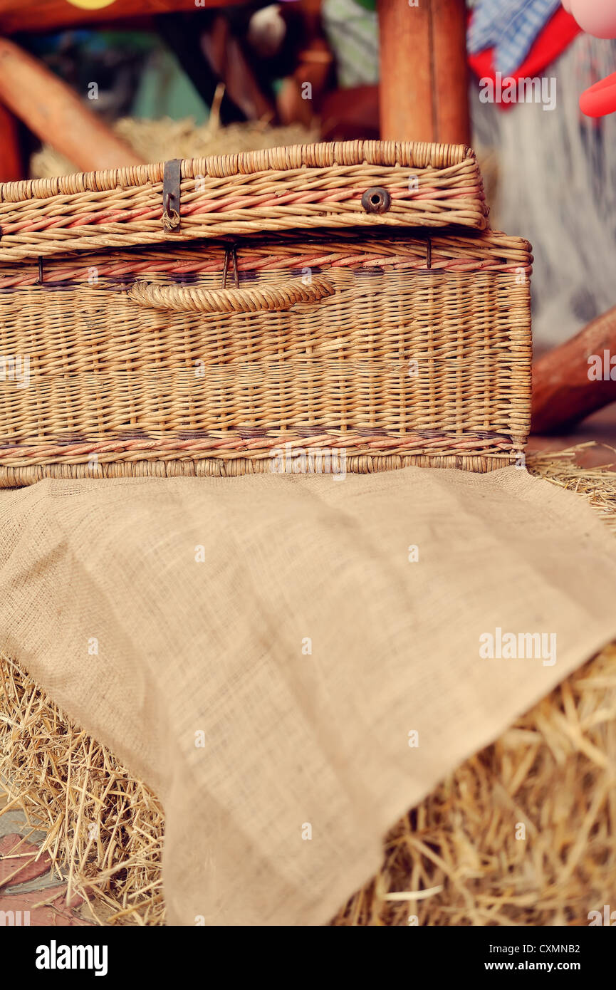 on hay covered the wattled basket costs a linen fabric brown Stock ...