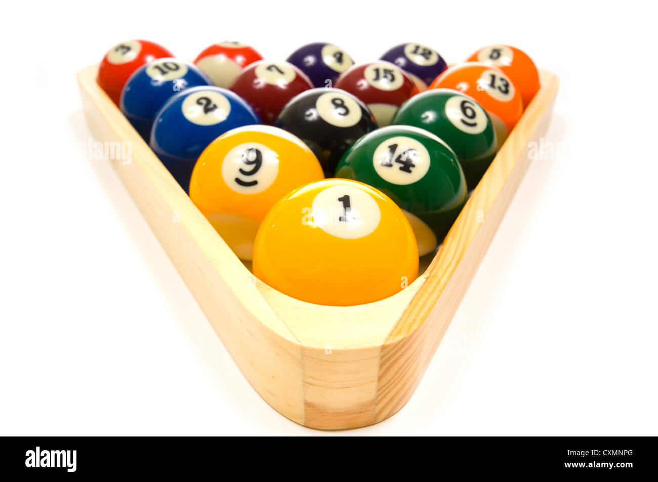 Brightly colored, new pool balls or billiard balls on white background ...