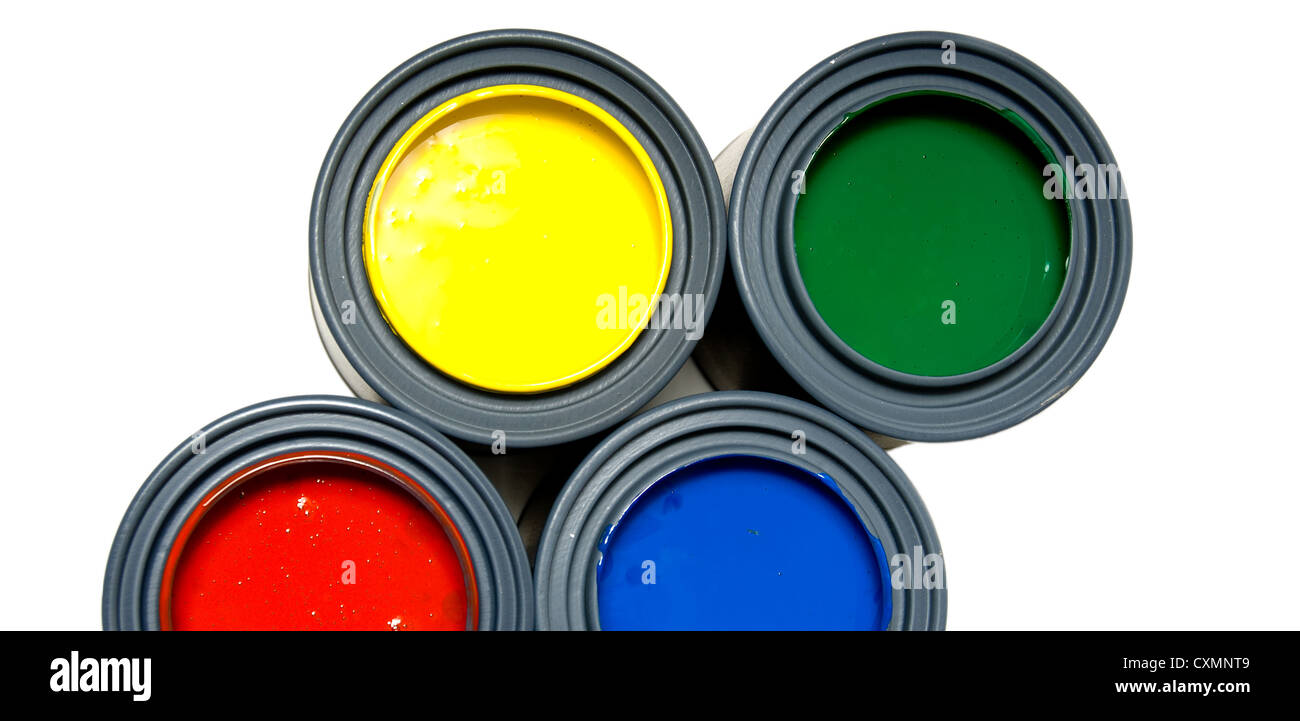Four primary colored cans of paint on white background Stock Photo - Alamy