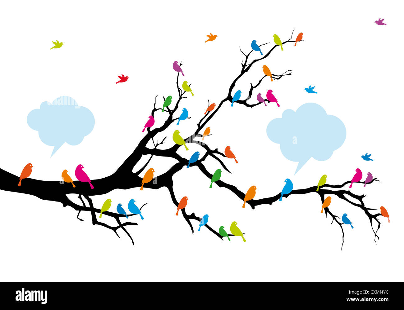 Colorful birds on tree branch, vector background illustration Stock ...