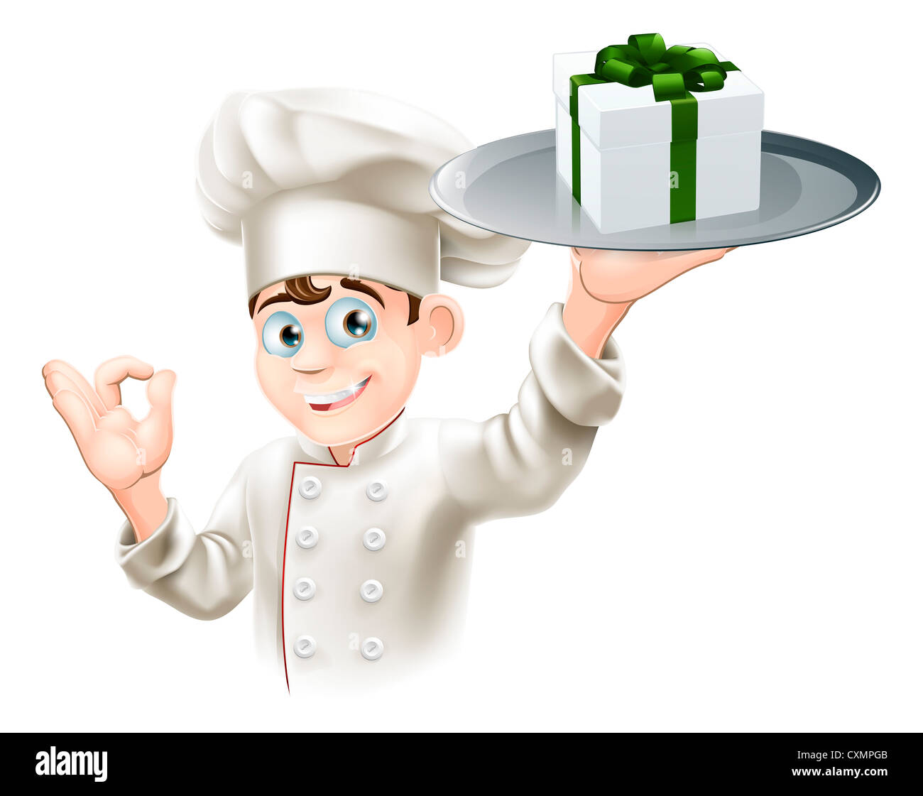 A chef with a gift on a platter. Could be concept for dining rewards or ...