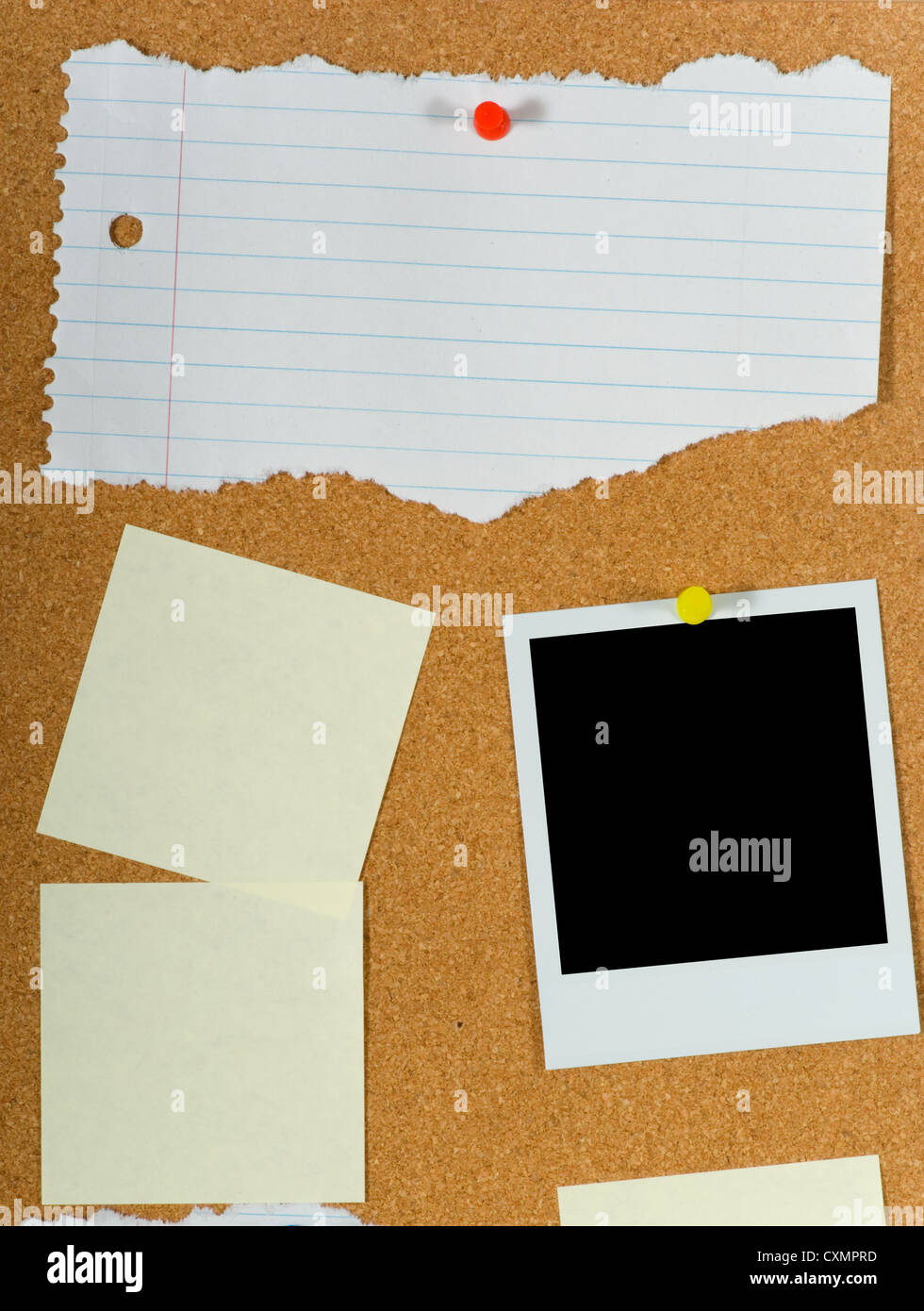 Bulletin board with blank post-it notes, notebook paper and Polaroid ...