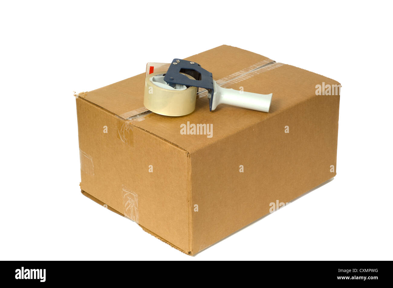 Shipping Box with a tape gun on top on white background, space for copy ...
