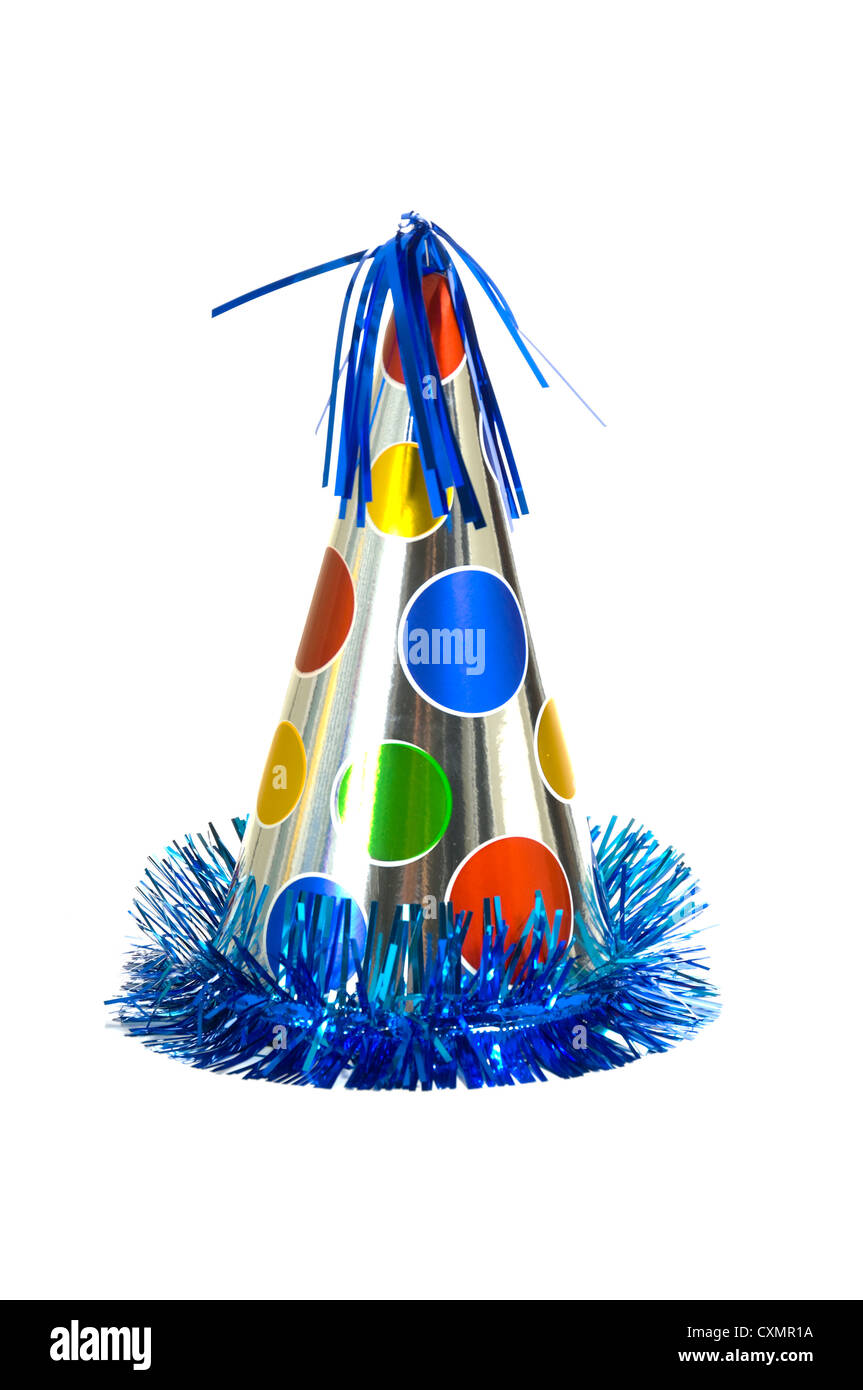Brightly colored party hat on white background Stock Photo - Alamy