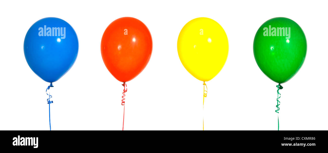 Multicolored party balloons on strings with a white background Stock ...