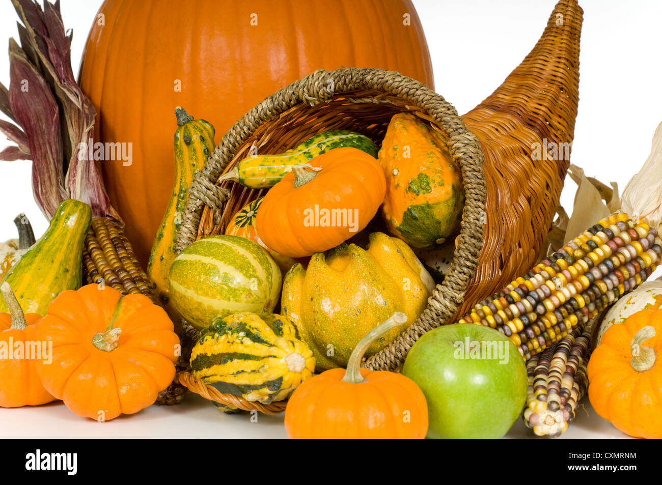 Cornucopia with fall harvest items including pumpkins, gourds, apples ...
