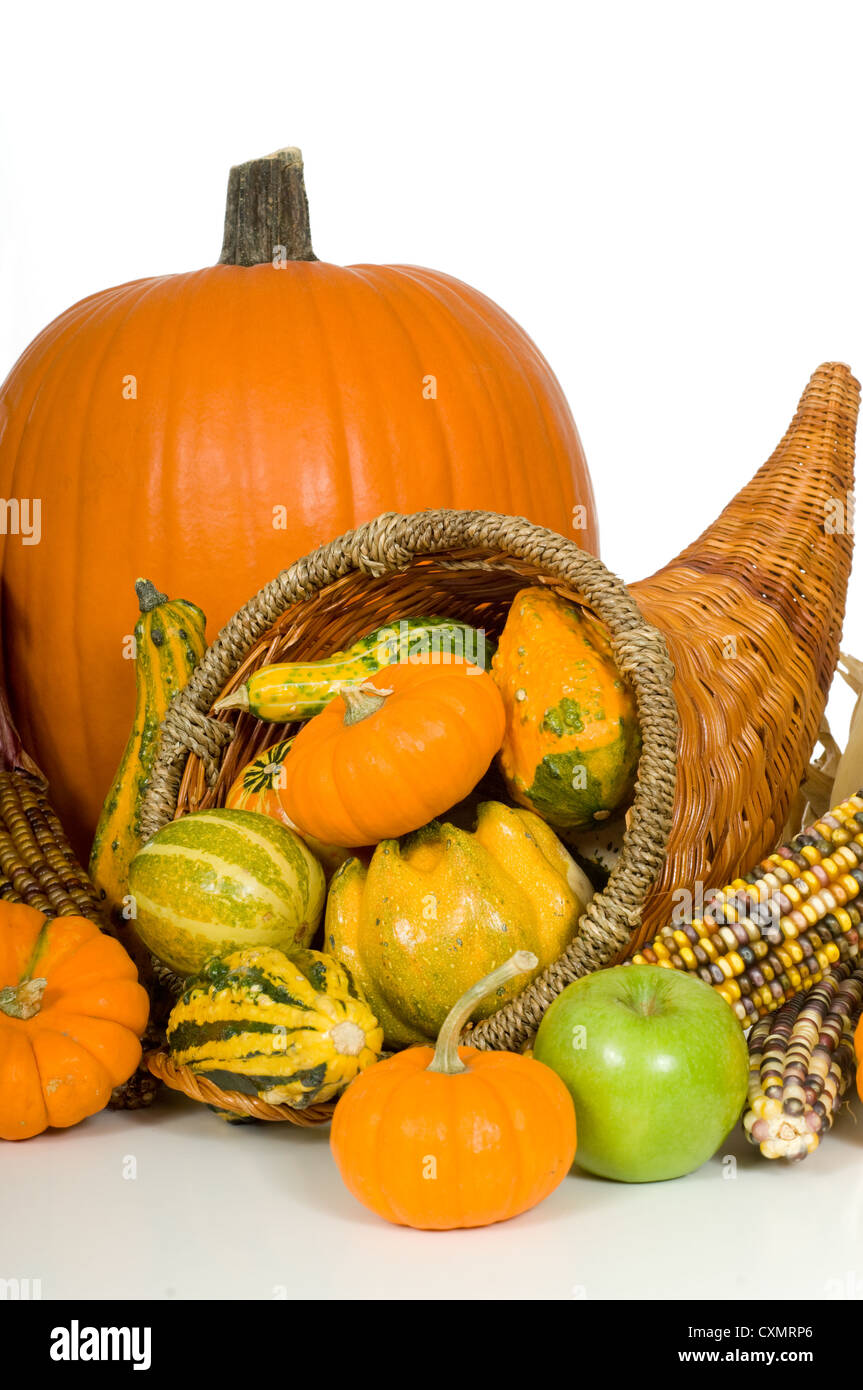 Cornucopia with fall harvest items including pumpkins, gourds, apples ...