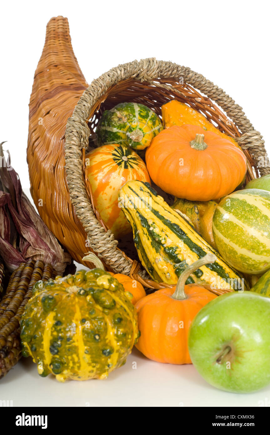 Cornucopia with fall harvest items including pumpkins, gords, apples ...