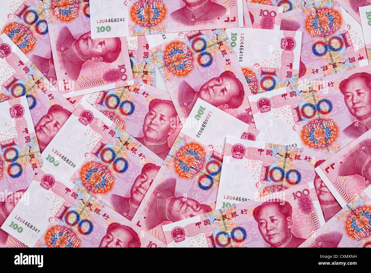 Chinese 100 RMB or Yuan featuring Chairman Mao on the front of each ...