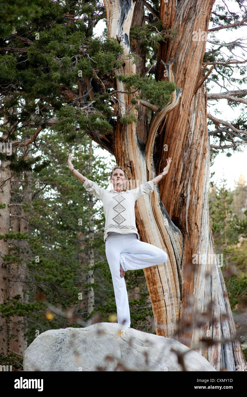Woman in yoga pose outdoors in the woods Stock Photo - Alamy