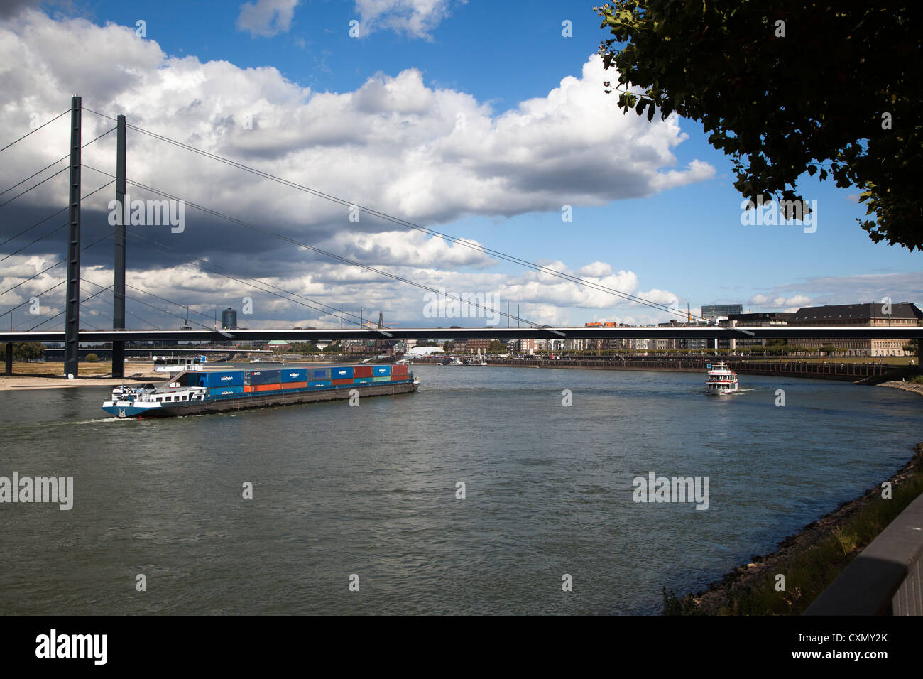 Dutch operated container barge traveling fully loaded along the Rhine ...