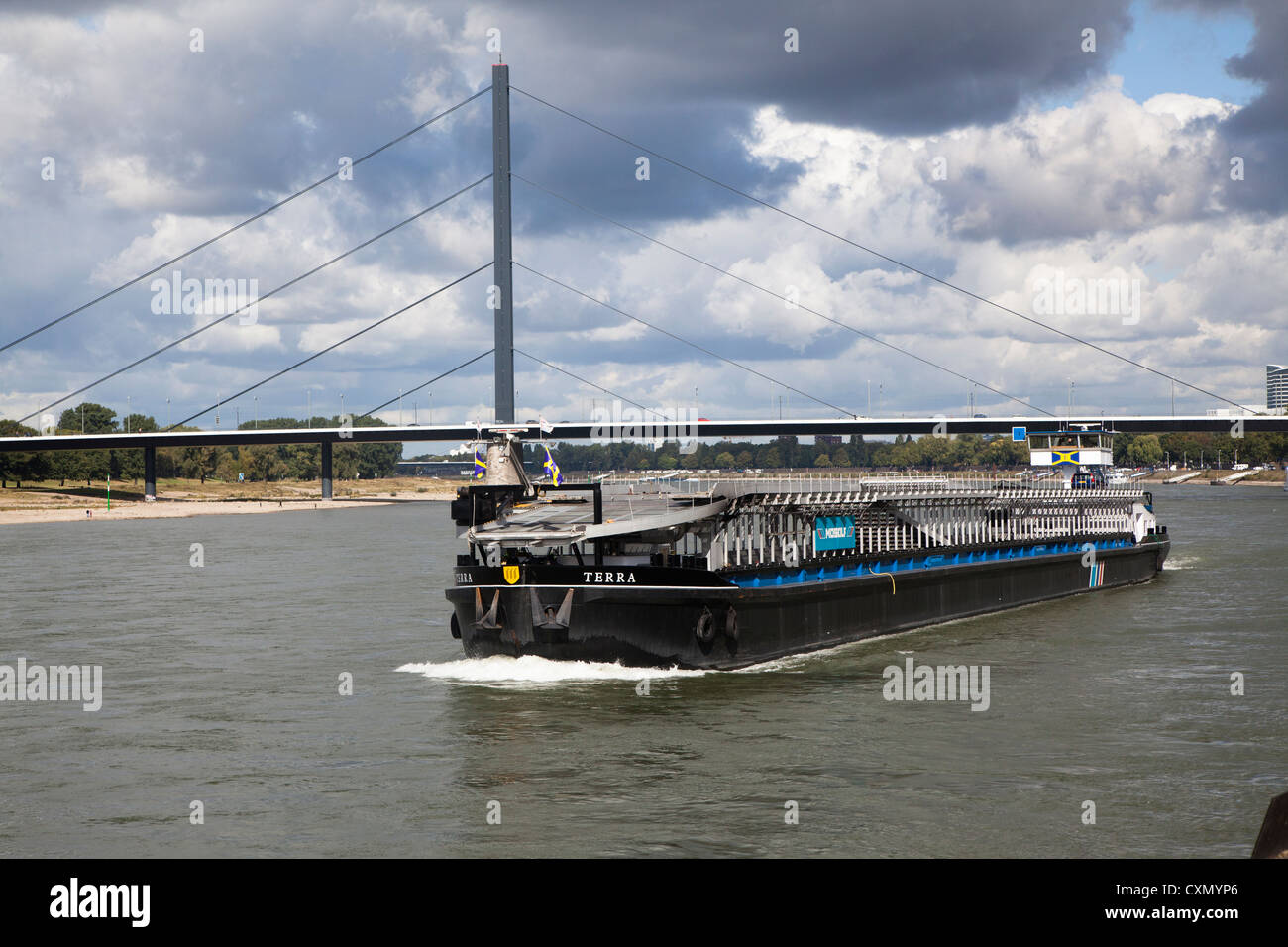 A car transporter barge on the River Rhine in Dusseldorf Stock Photo ...
