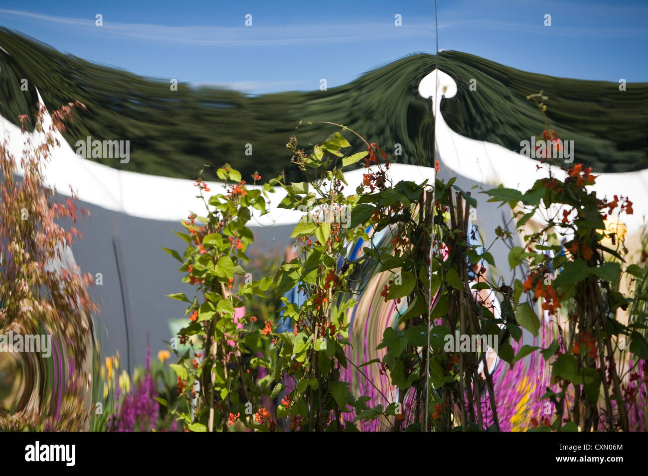 Distorted reflection of a garden in curved metal reflective mirrored ...