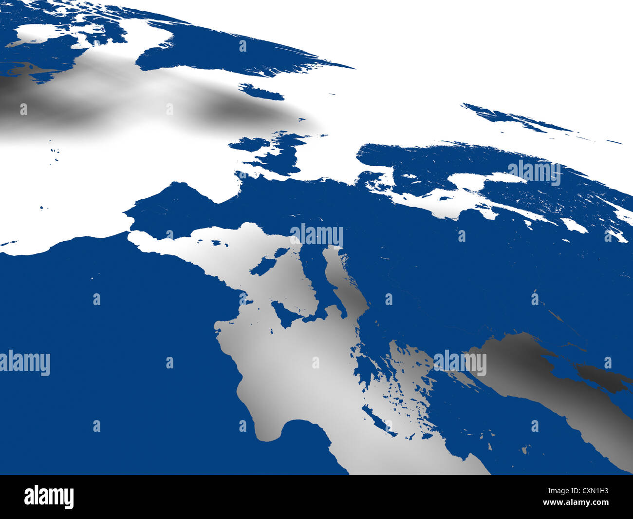 Blue map of european continent with soft shadow on white background ...