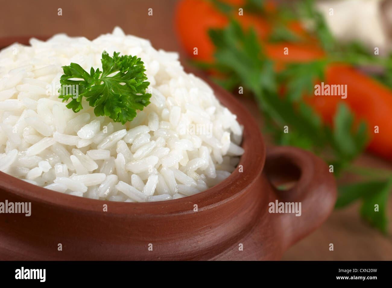 Cooked white rice garnished with parsley in a rustic bowl (Selective ...