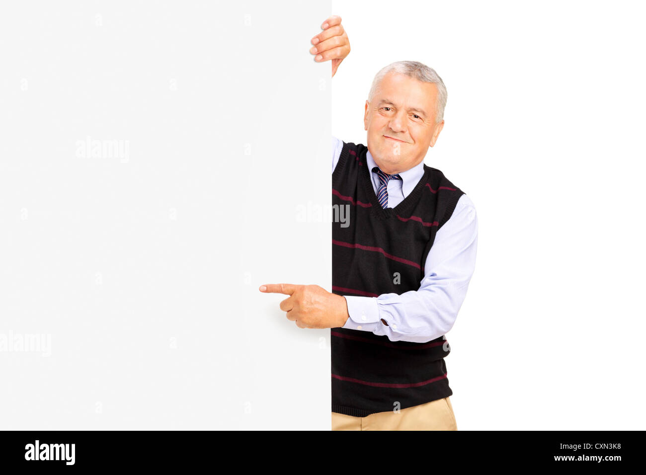 A gentleman pointing on a blank banner Stock Photo - Alamy