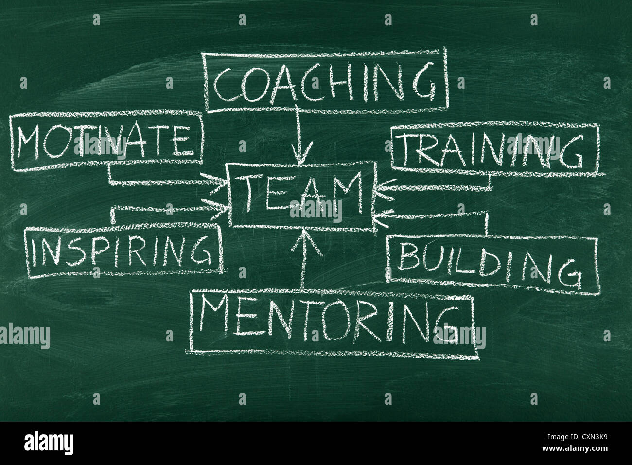 Team building and coaching flow chart on chalkboard Stock Photo - Alamy