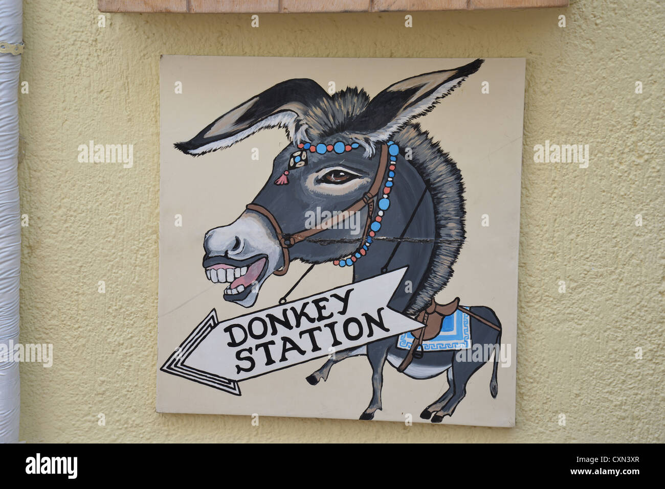 Donkey Station sign in Firá, Santorini, Cyclades, South Aegean Region ...