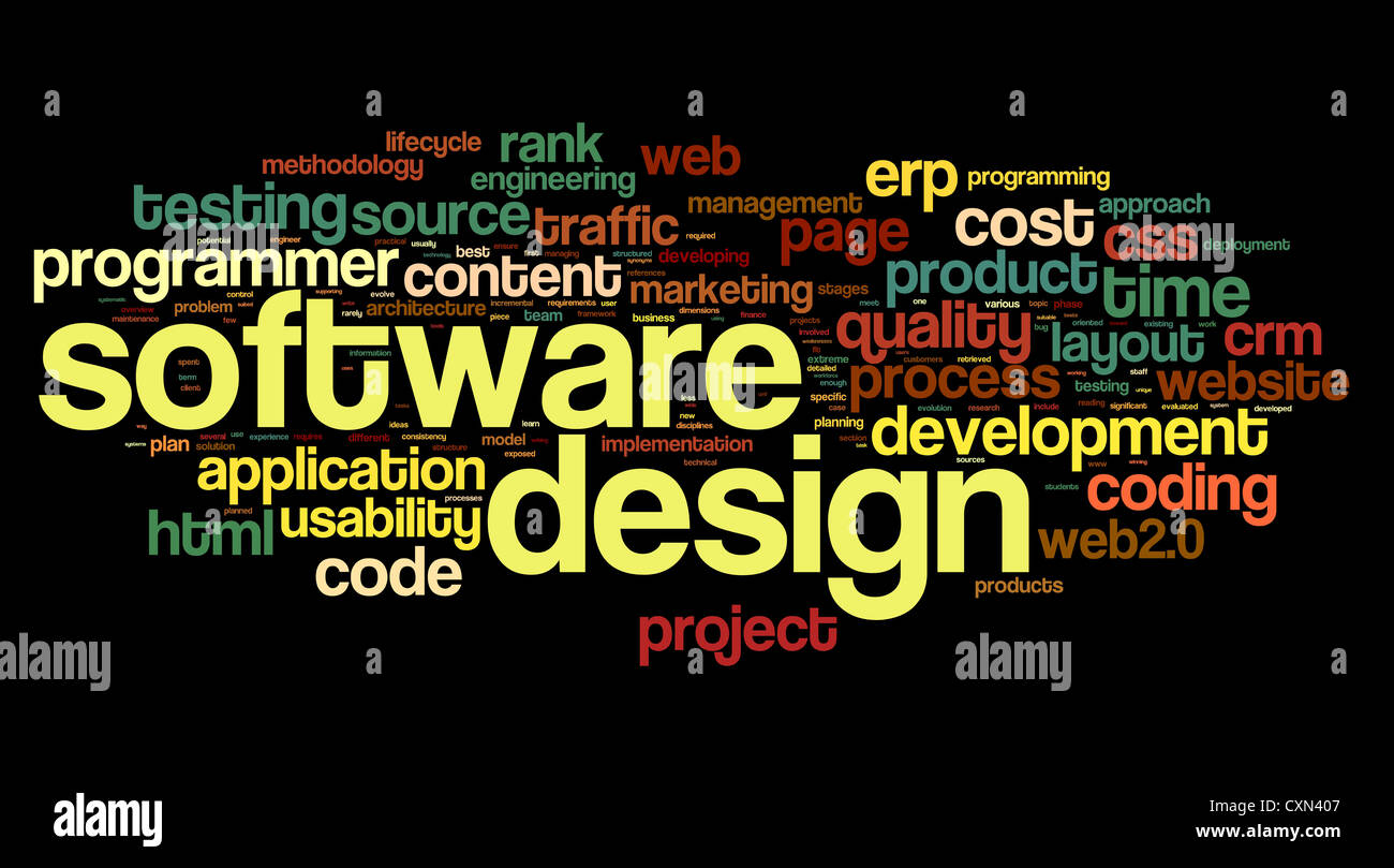 Software design concept in tag cloud on black background Stock Photo ...