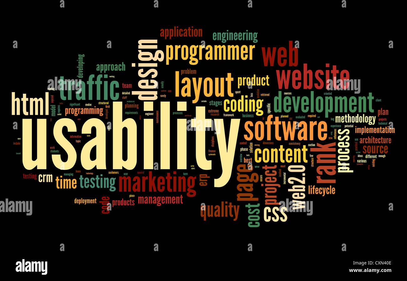 Web usability concept in tag cloud on black background Stock Photo - Alamy