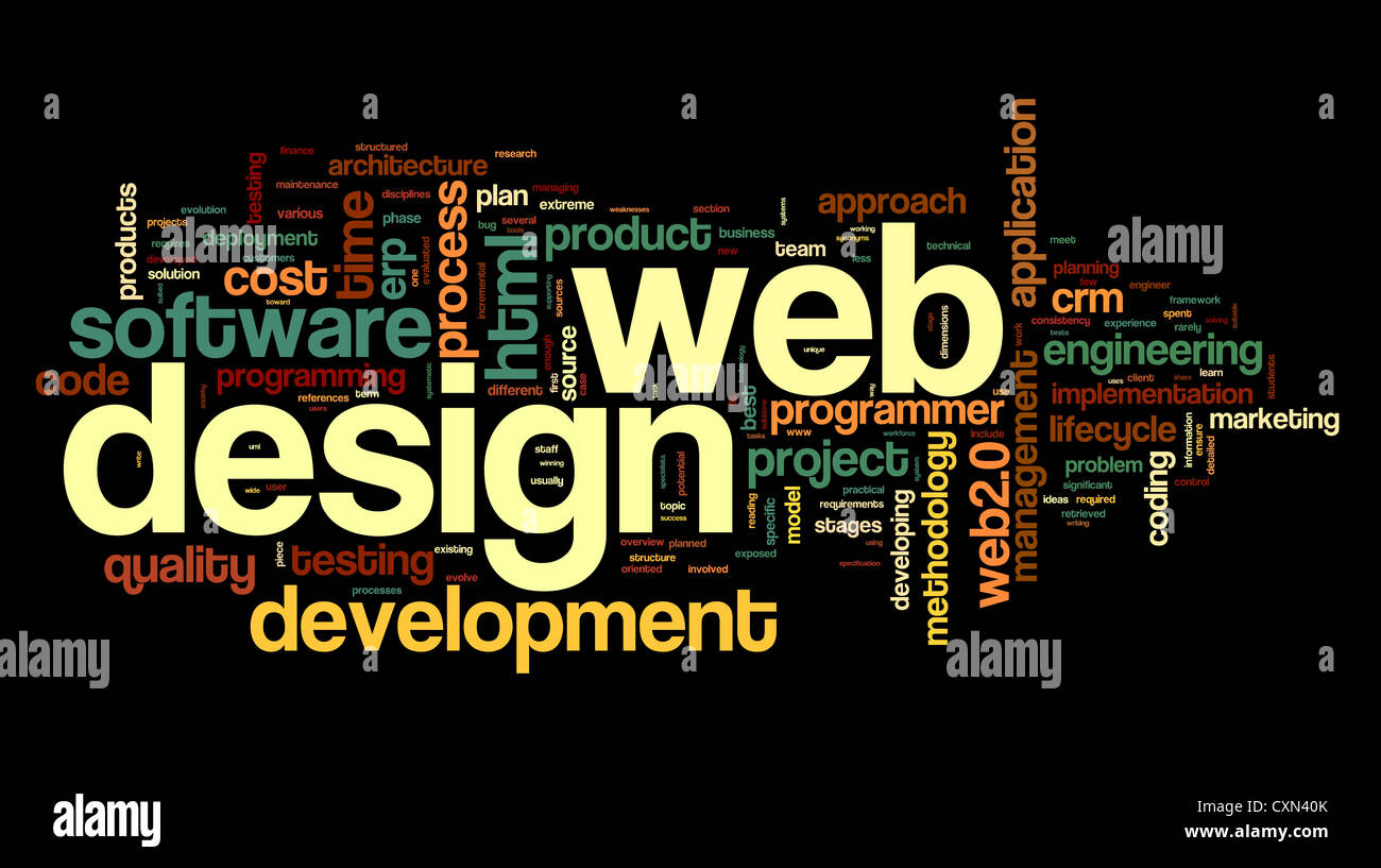 Web design concept in word tag cloud on black background Stock Photo ...