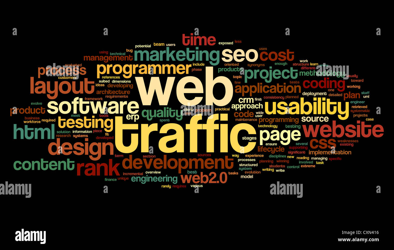 Web traffic concept in word tag cloud on black Stock Photo - Alamy