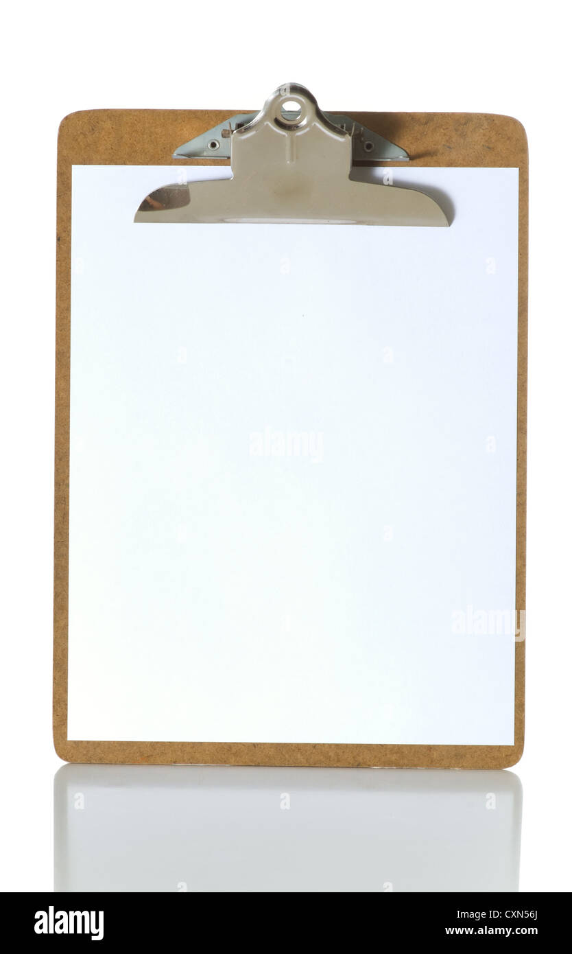 Blank clipboard on white background with reflection on table, copy ...
