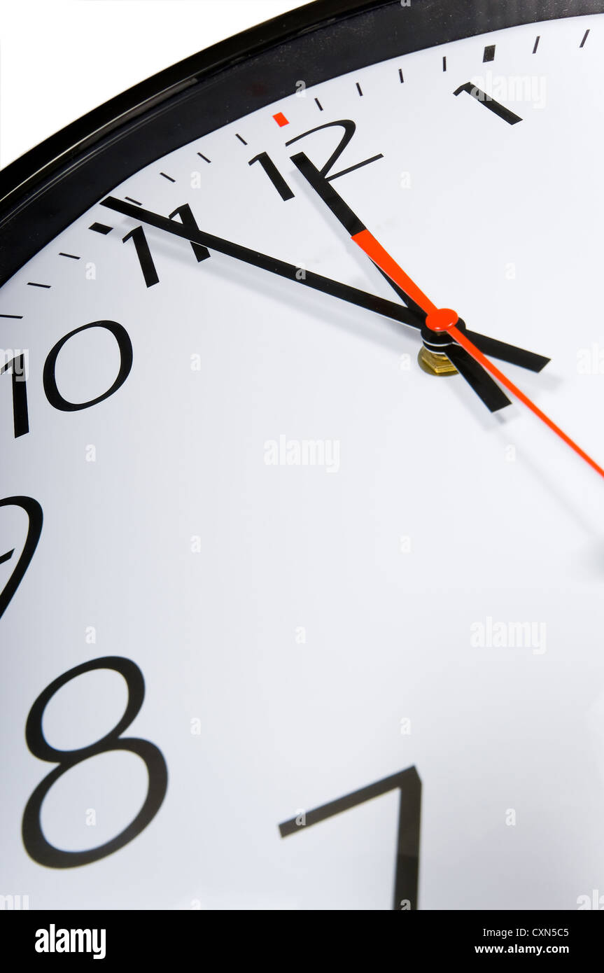 Close-up, wide angle view of clock at five minutes till 12:00 Stock ...