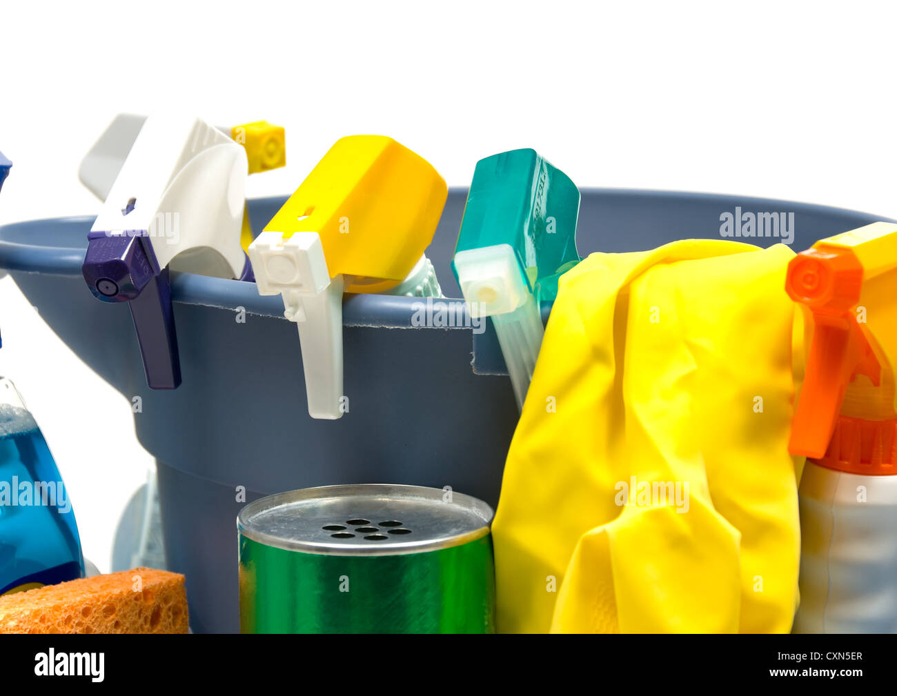 Miscellaneous cleaning supplies on white background Stock Photo - Alamy