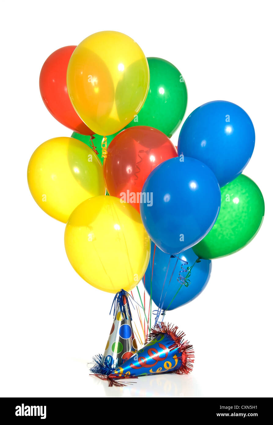 Primary color balloon bouquet with party hats Stock Photo - Alamy