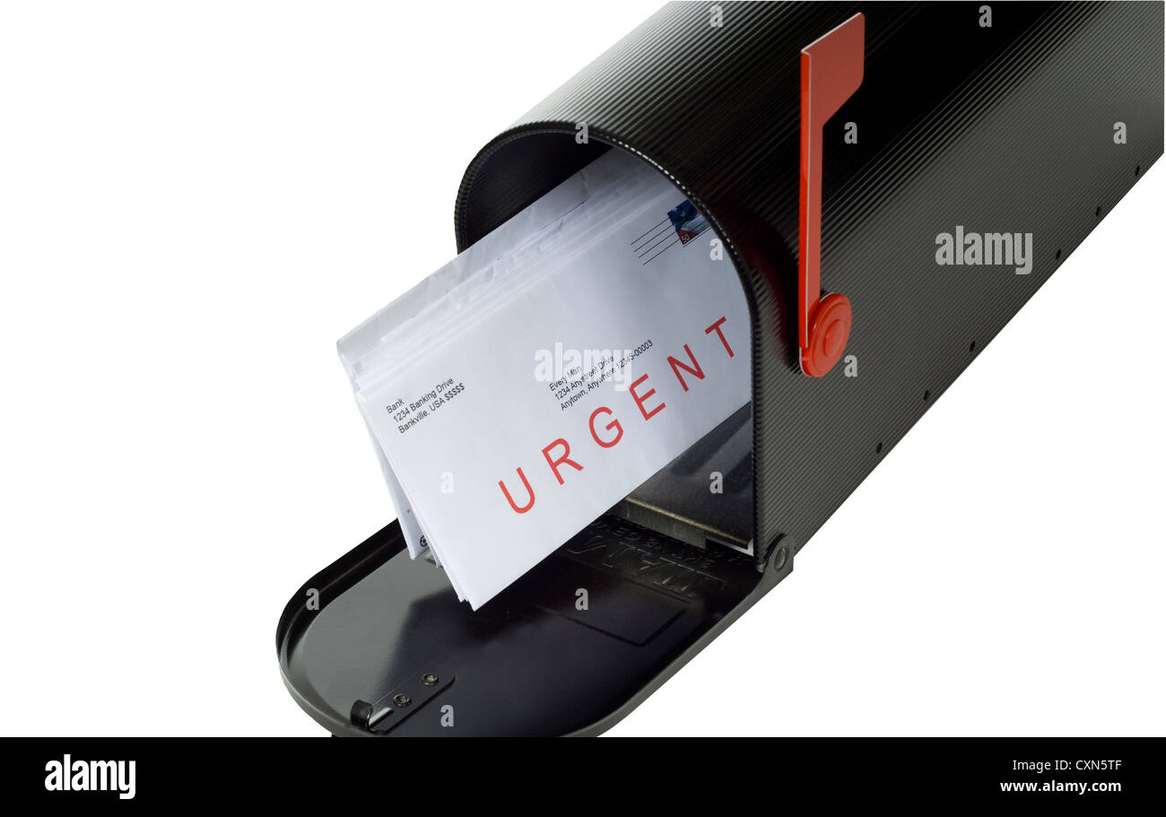 Urgent Letter in Mail box with red flag standing up, stamp is made from ...