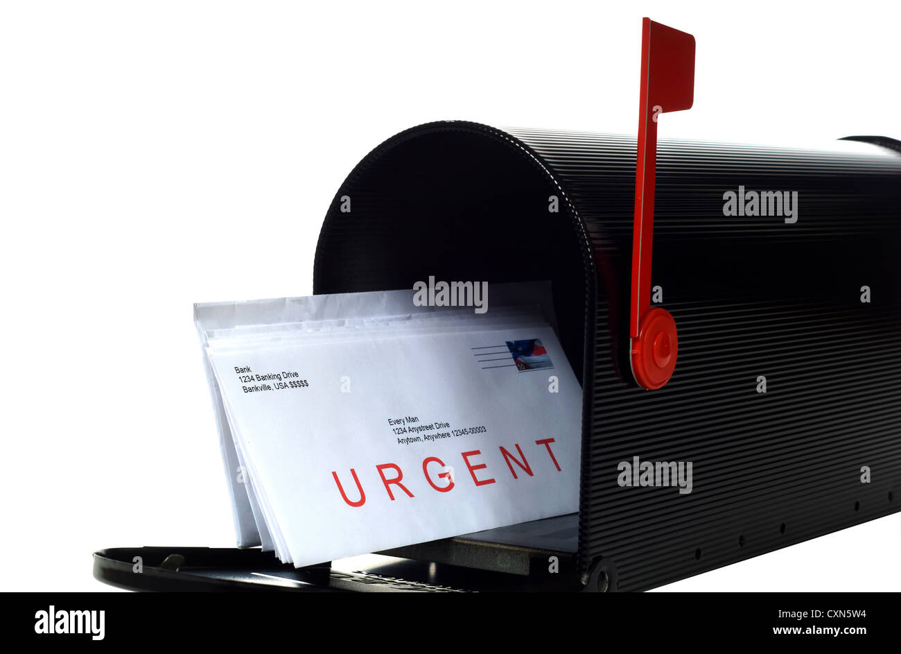 Urgent Letter in Mail box with red flag standing up, stamp is made from ...