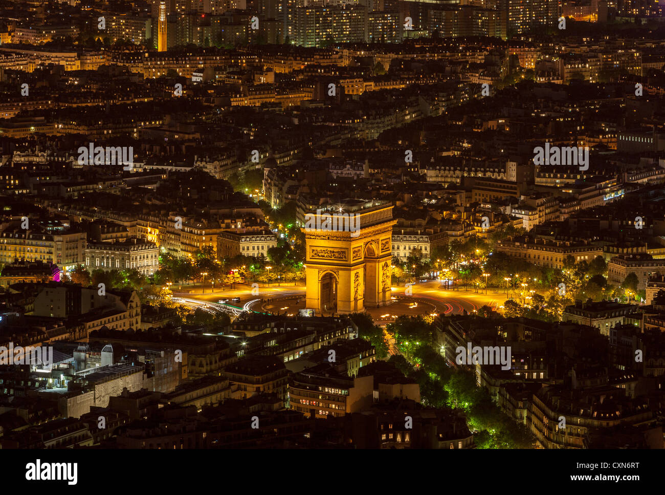 Aerial view of the Triumphal Arch area in Paris during the night Stock ...