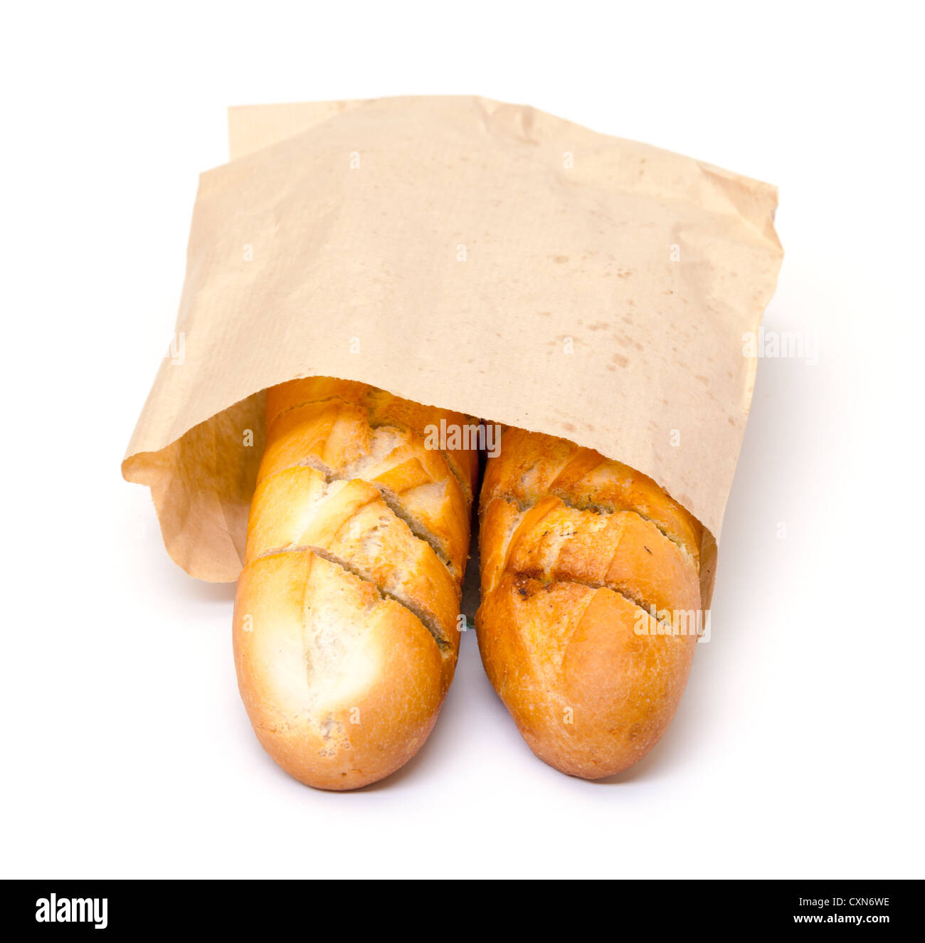 Delicious Baguette in Paper Bag, on white background Stock Photo - Alamy