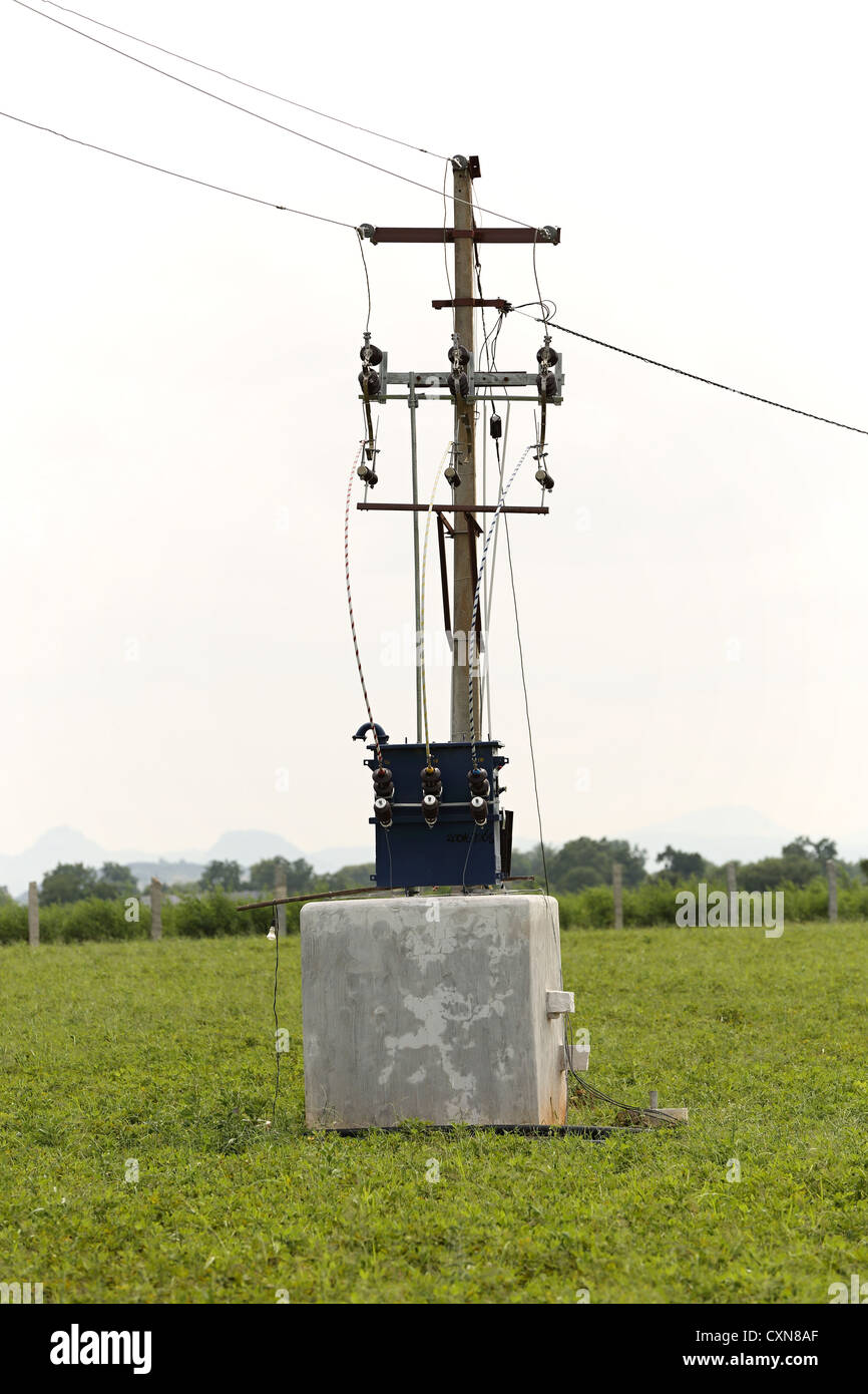 Electric transformer in the countryside Andhra Pradesh south India ...