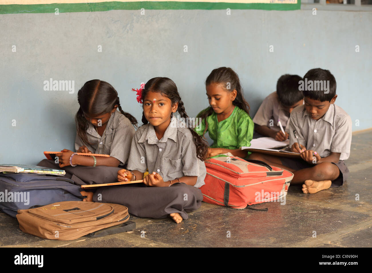 Indian school children writing in their notebooks Andhra Pradesh South ...