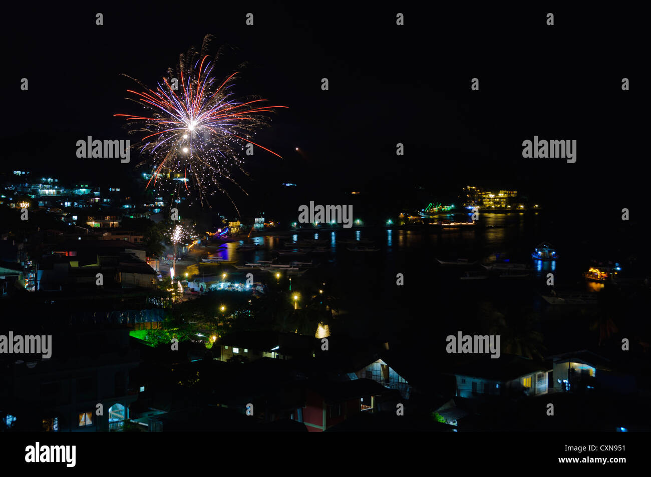 Happy New Year fireworks firework display over the tropical Asian ...