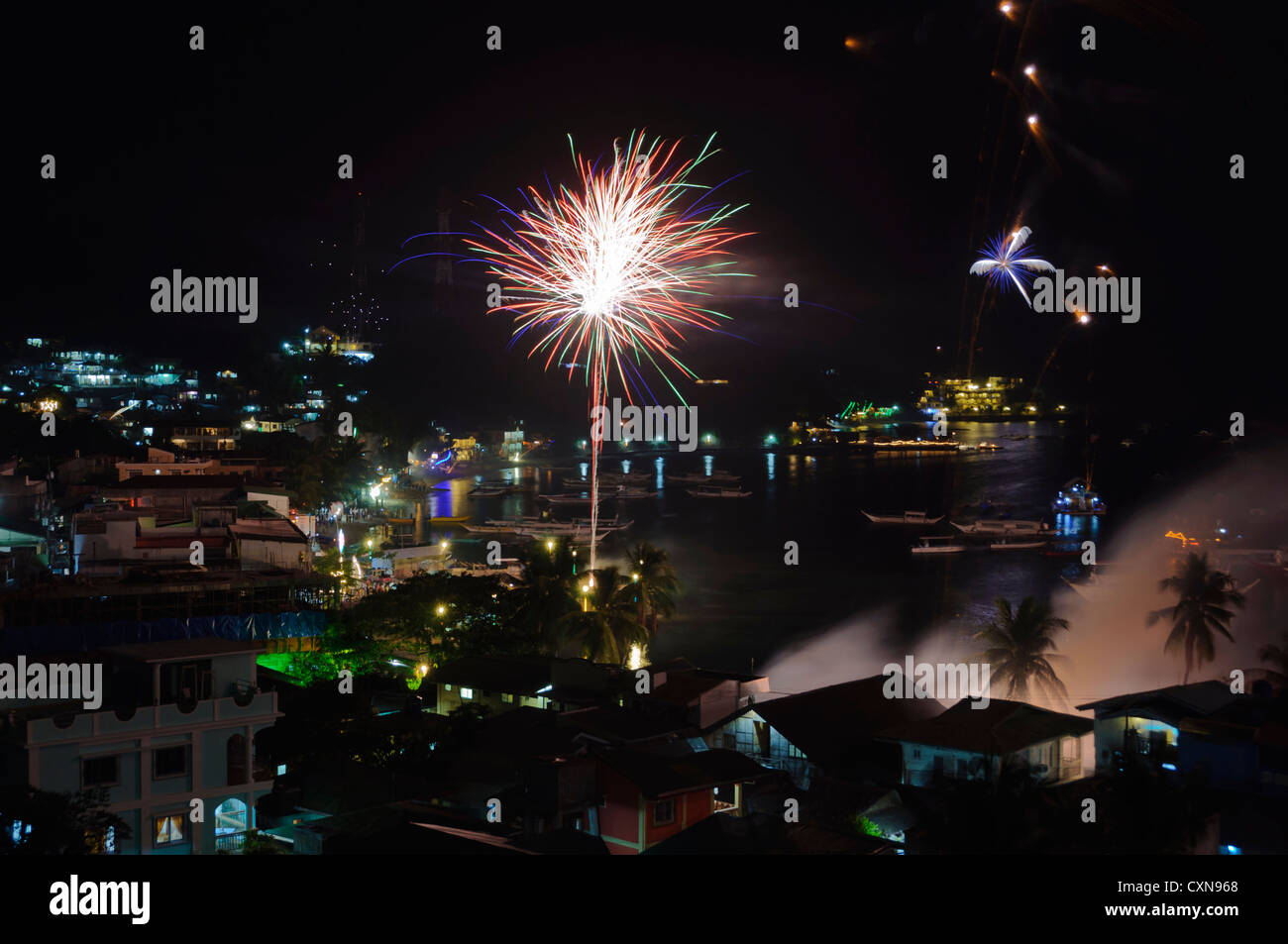 Happy New Year fireworks firework display over the tropical Asian ...