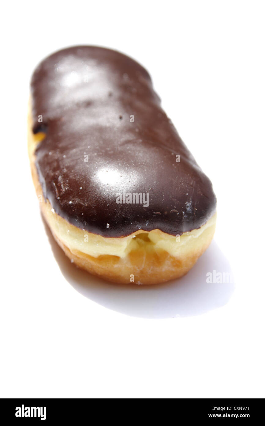 Chocolate cream filled donut on white background Stock Photo - Alamy