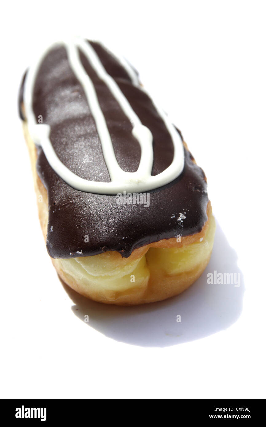Chocolate cream filled donut on white background Stock Photo - Alamy