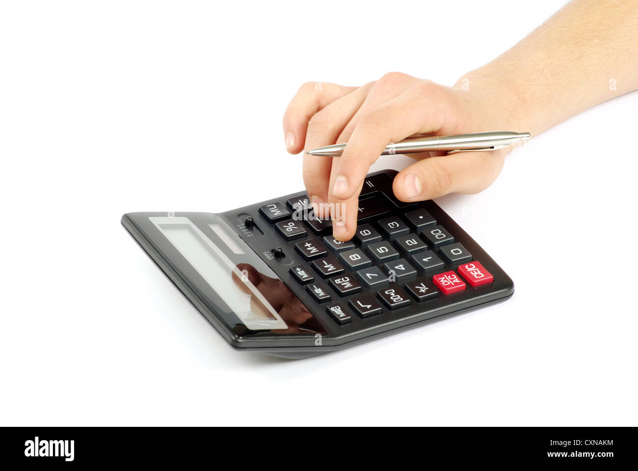 calculator with hand isolated on white Stock Photo - Alamy