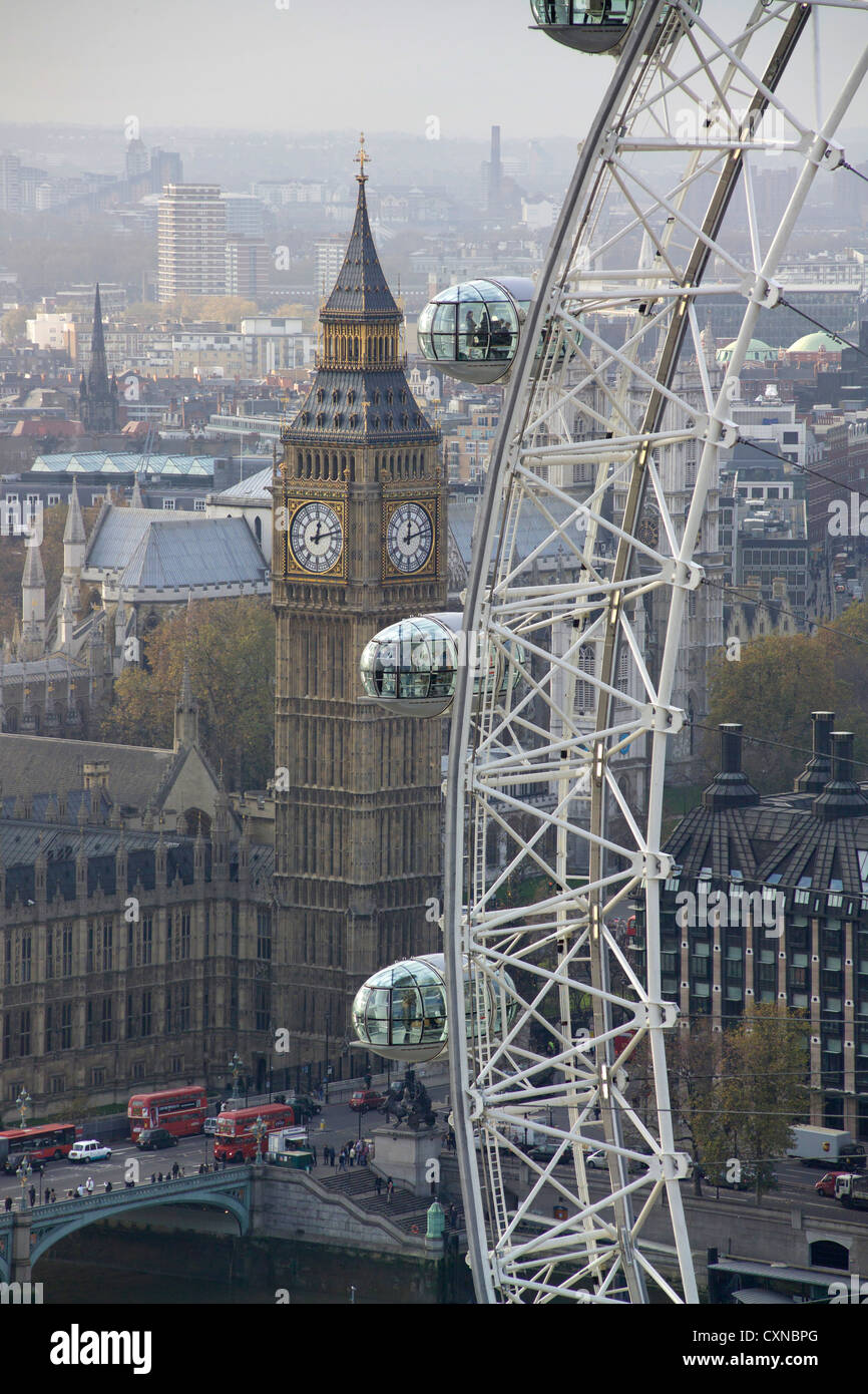 London Eye, Big Ben, and Houses of Parliament, Westminster Bridge and red bus, UK Stock Photo ...