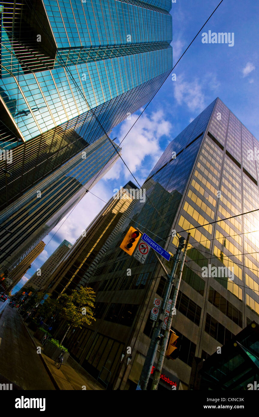 Downtown Toronto, a street with traffic lights, glass skyscrapers and ...