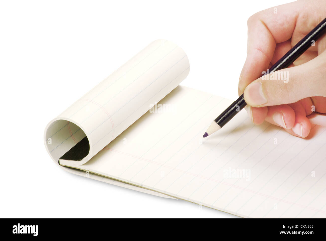 Pencil in hand writing on the notebook Stock Photo - Alamy