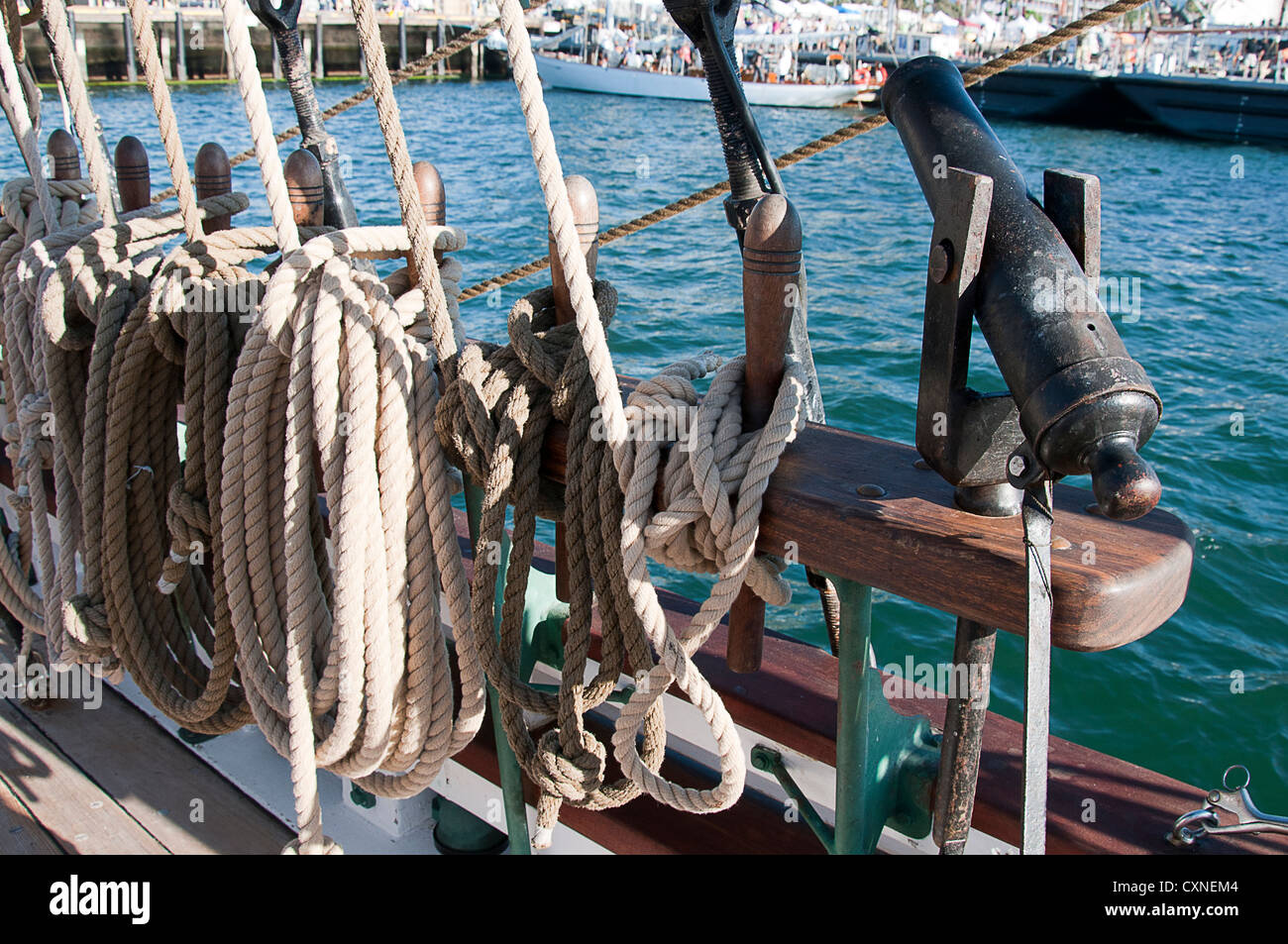 Belaying pins and ropes on Tall Sailing Ship in Harbour of San Diego ...