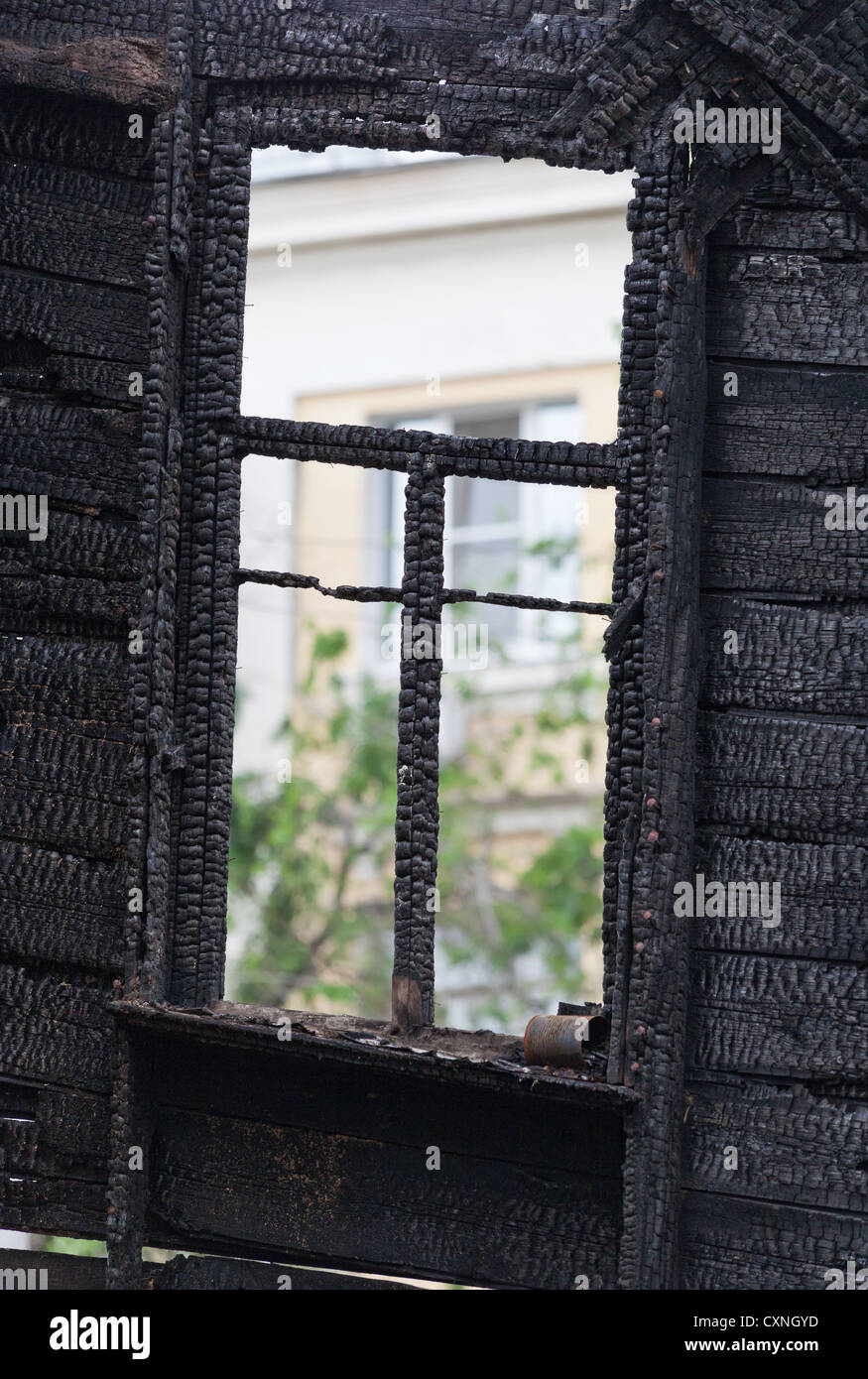 Burned wooden window frame Stock Photo - Alamy
