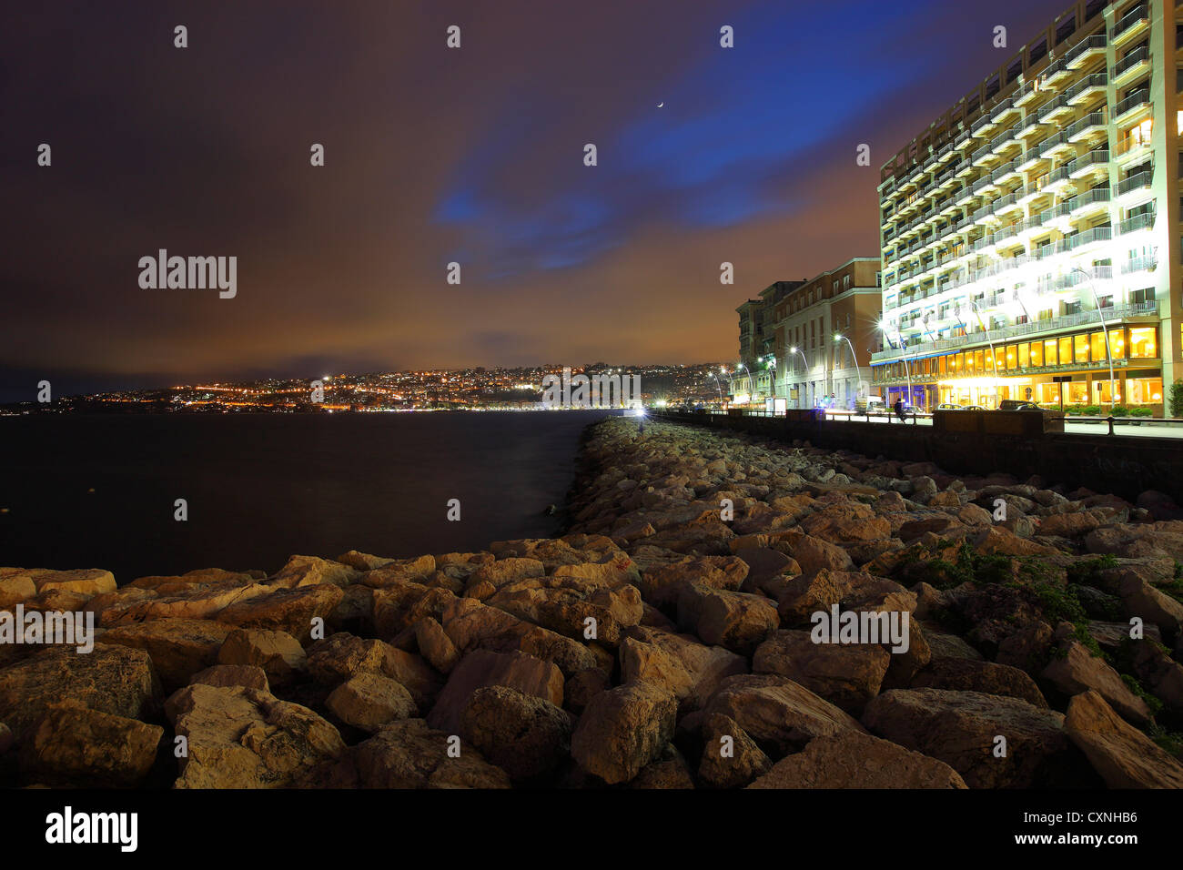 Italy, Campania, Naples, view of Posillipo from via Partenope at night ...